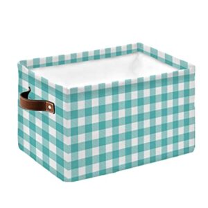 Turquoise Checkered Storage Basket Waterproof Cube Storage Bin Organizer with Handles, Farmhouse Teal Buffalo Plaid Collapsible Storage Cubes Bins for Clothes Books Toys 15"x11"x9.5"