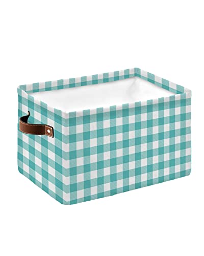 Turquoise Checkered Storage Basket Waterproof Cube Storage Bin Organizer with Handles, Farmhouse Teal Buffalo Plaid Collapsible Storage Cubes Bins for Clothes Books Toys 15"x11"x9.5"