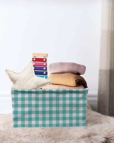 Turquoise Checkered Storage Basket Waterproof Cube Storage Bin Organizer with Handles, Farmhouse Teal Buffalo Plaid Collapsible Storage Cubes Bins for Clothes Books Toys 15"x11"x9.5"