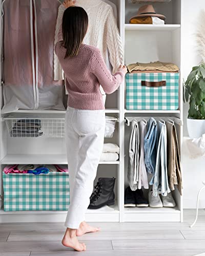 Turquoise Checkered Storage Basket Waterproof Cube Storage Bin Organizer with Handles, Farmhouse Teal Buffalo Plaid Collapsible Storage Cubes Bins for Clothes Books Toys 15"x11"x9.5"