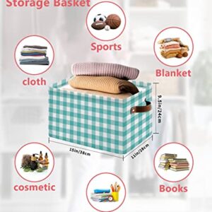 Turquoise Checkered Storage Basket Waterproof Cube Storage Bin Organizer with Handles, Farmhouse Teal Buffalo Plaid Collapsible Storage Cubes Bins for Clothes Books Toys 15"x11"x9.5"