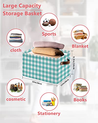 Turquoise Checkered Storage Basket Waterproof Cube Storage Bin Organizer with Handles, Farmhouse Teal Buffalo Plaid Collapsible Storage Cubes Bins for Clothes Books Toys 15"x11"x9.5"