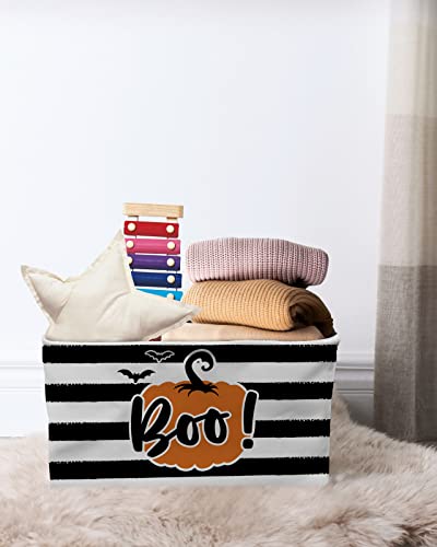 Halloween Storage Basket Waterproof Cube Storage Bin Organizer with Handles, Orange Pumpkin Bat Black White Striped Collapsible Storage Cubes Bins for Clothes Books Toys 15"x11"x9.5"