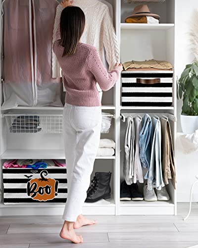 Halloween Storage Basket Waterproof Cube Storage Bin Organizer with Handles, Orange Pumpkin Bat Black White Striped Collapsible Storage Cubes Bins for Clothes Books Toys 15"x11"x9.5"