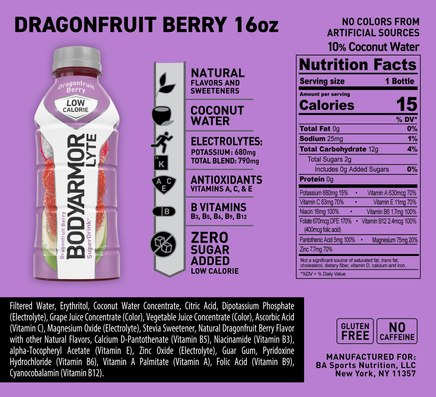 BODYARMOR LYTE Sports Drink Low-Calorie Sports Beverage, Dragonfruit Berry, Coconut Water Hydration, Natural Flavors With Vitamins, Potassium-Packed Electrolytes, Perfect For Athletes, 16 Fl Oz (Pack of 12)