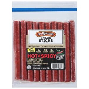 old wisconsin hot & spicy sausage snack sticks, 28oz resealable package, naturally smoked, ready to eat, high protein, low carb, keto, gluten free