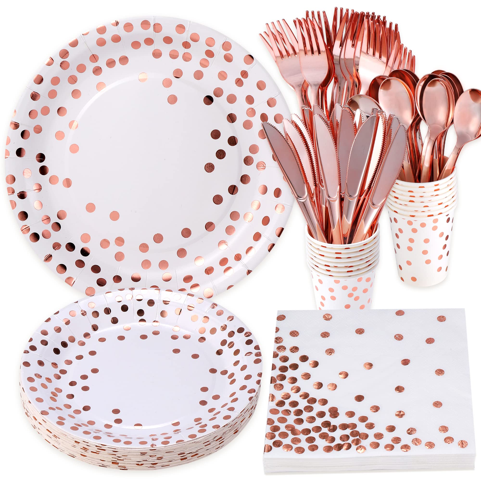 175PCS Rose Gold Party Supplies,Rose Gold Dot on White Paper Plates Napkins and Cups,Disposable Dinnerware Sets, Plastic Forks Spoons and Knives Set Serve 25 for Wedding Birthday Party Decorations