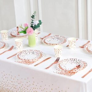 175PCS Rose Gold Party Supplies,Rose Gold Dot on White Paper Plates Napkins and Cups,Disposable Dinnerware Sets, Plastic Forks Spoons and Knives Set Serve 25 for Wedding Birthday Party Decorations