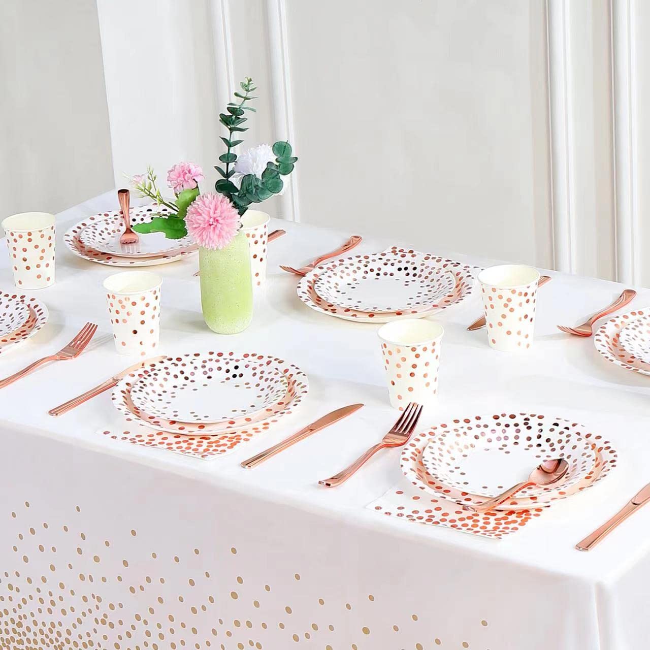 175PCS Rose Gold Party Supplies,Rose Gold Dot on White Paper Plates Napkins and Cups,Disposable Dinnerware Sets, Plastic Forks Spoons and Knives Set Serve 25 for Wedding Birthday Party Decorations