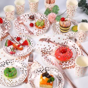 175PCS Rose Gold Party Supplies,Rose Gold Dot on White Paper Plates Napkins and Cups,Disposable Dinnerware Sets, Plastic Forks Spoons and Knives Set Serve 25 for Wedding Birthday Party Decorations