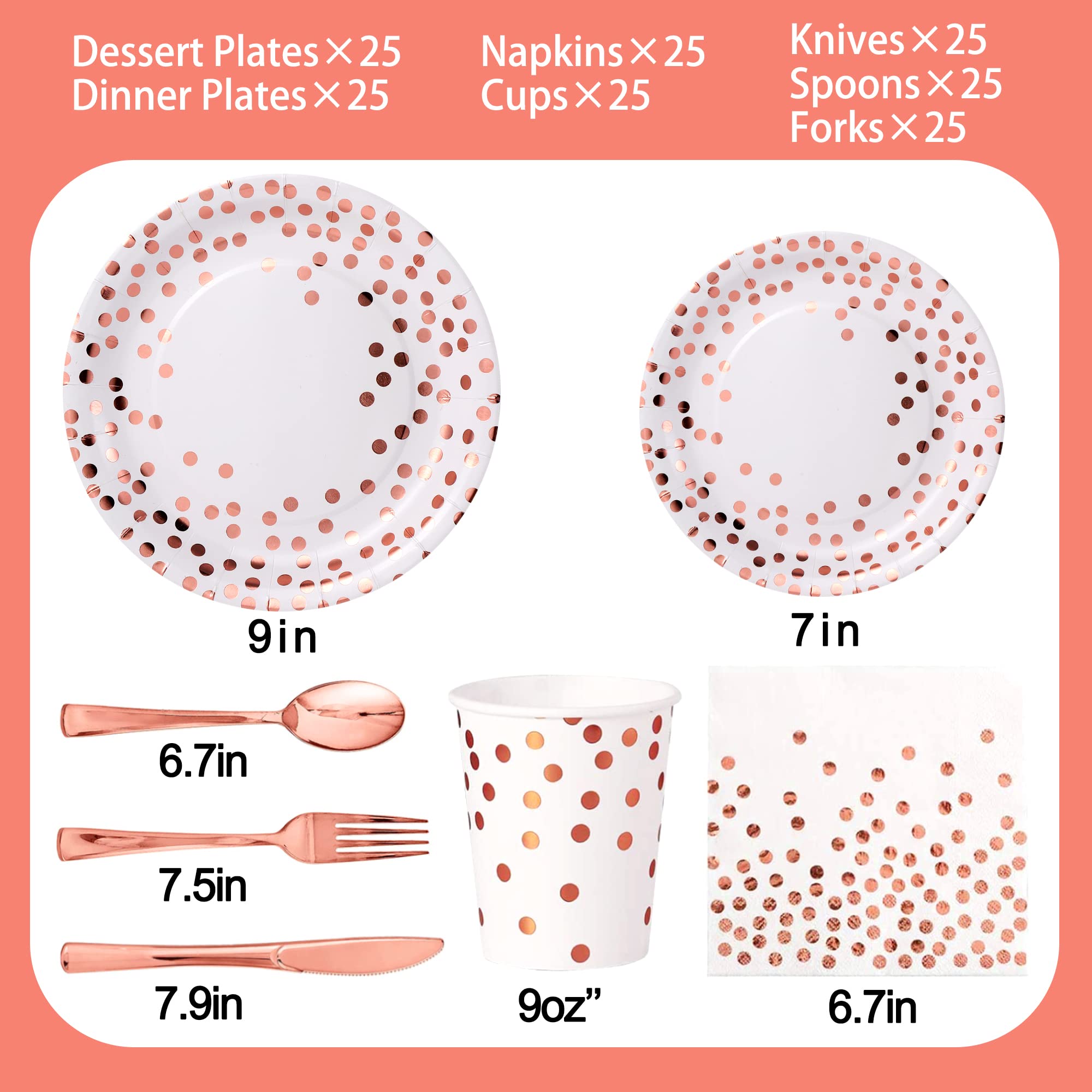 175PCS Rose Gold Party Supplies,Rose Gold Dot on White Paper Plates Napkins and Cups,Disposable Dinnerware Sets, Plastic Forks Spoons and Knives Set Serve 25 for Wedding Birthday Party Decorations