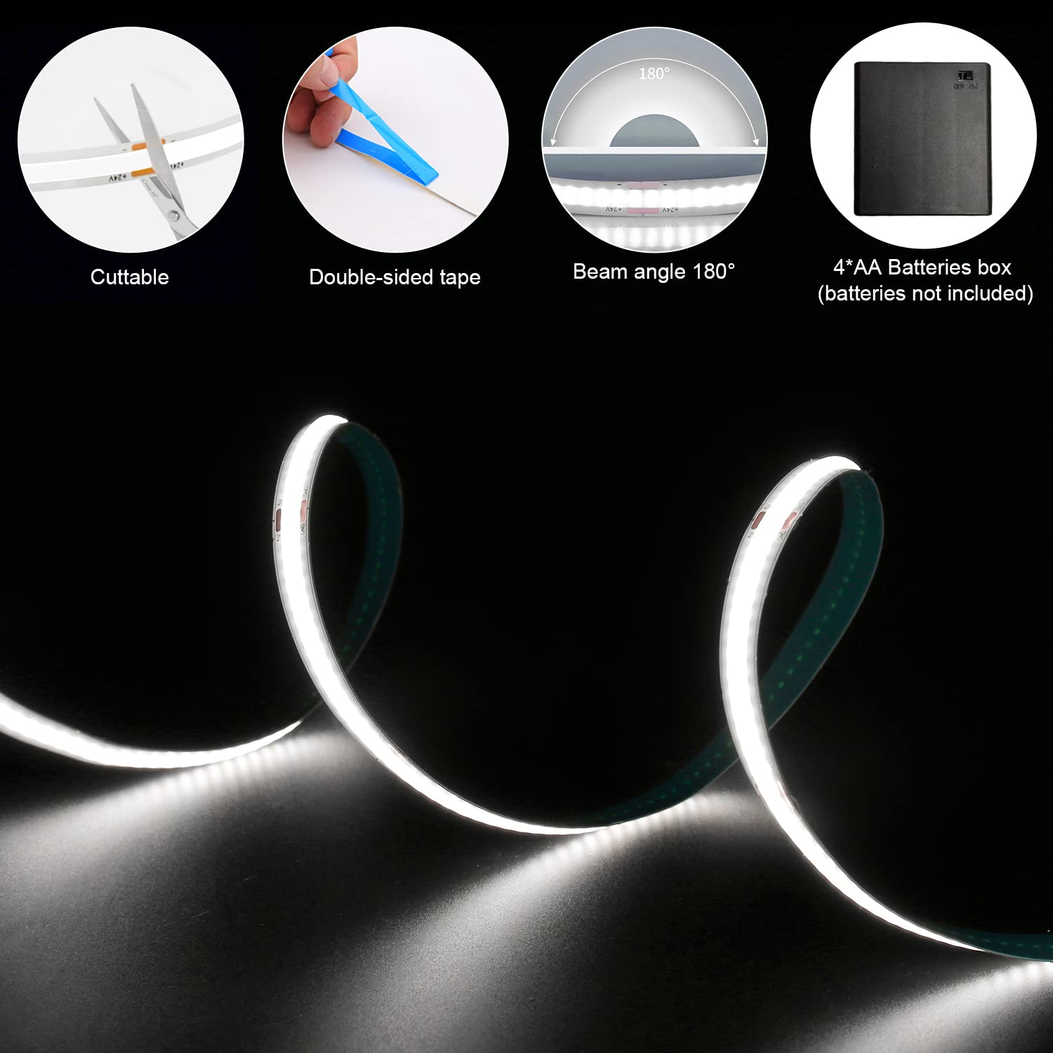 Smacen Battery Powered COB Led Strip Lights, 4.92Ft Battery Operated 6000K Cool White LED Strip Lights, High Brightness Flexible LED Tape Lights for TV, Cabinet, Bedroom, Party, Home DIY Decoration