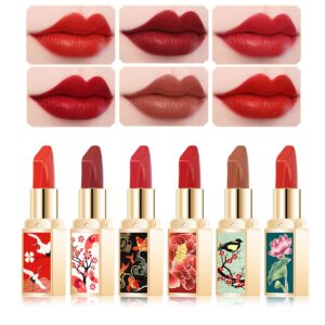 cahiuyoa 6 colors dark red matte lipstick set china style,smooth soft nude matte lipstick chinese lip makeup,long lasting waterproof non stick cup lip stick stain lipstick for women girls