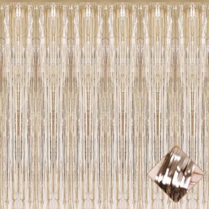 4 pack 3.2ft x 8.2ft champagne gold foil fringe curtain backdrop, metallic tinsel foil fringe streamers curtains background for photo booth, birthday, wedding, halloween, christmas party decoration