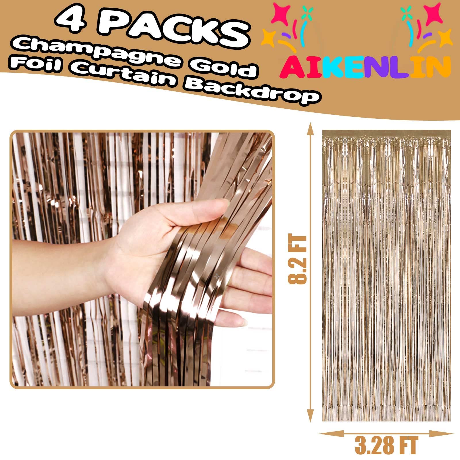 4 Pack 3.2Ft x 8.2Ft Champagne Gold Foil Fringe Curtain Backdrop, Metallic Tinsel Foil Fringe Streamers Curtains Background for Photo Booth, Birthday, Wedding, Halloween, Christmas Party Decoration