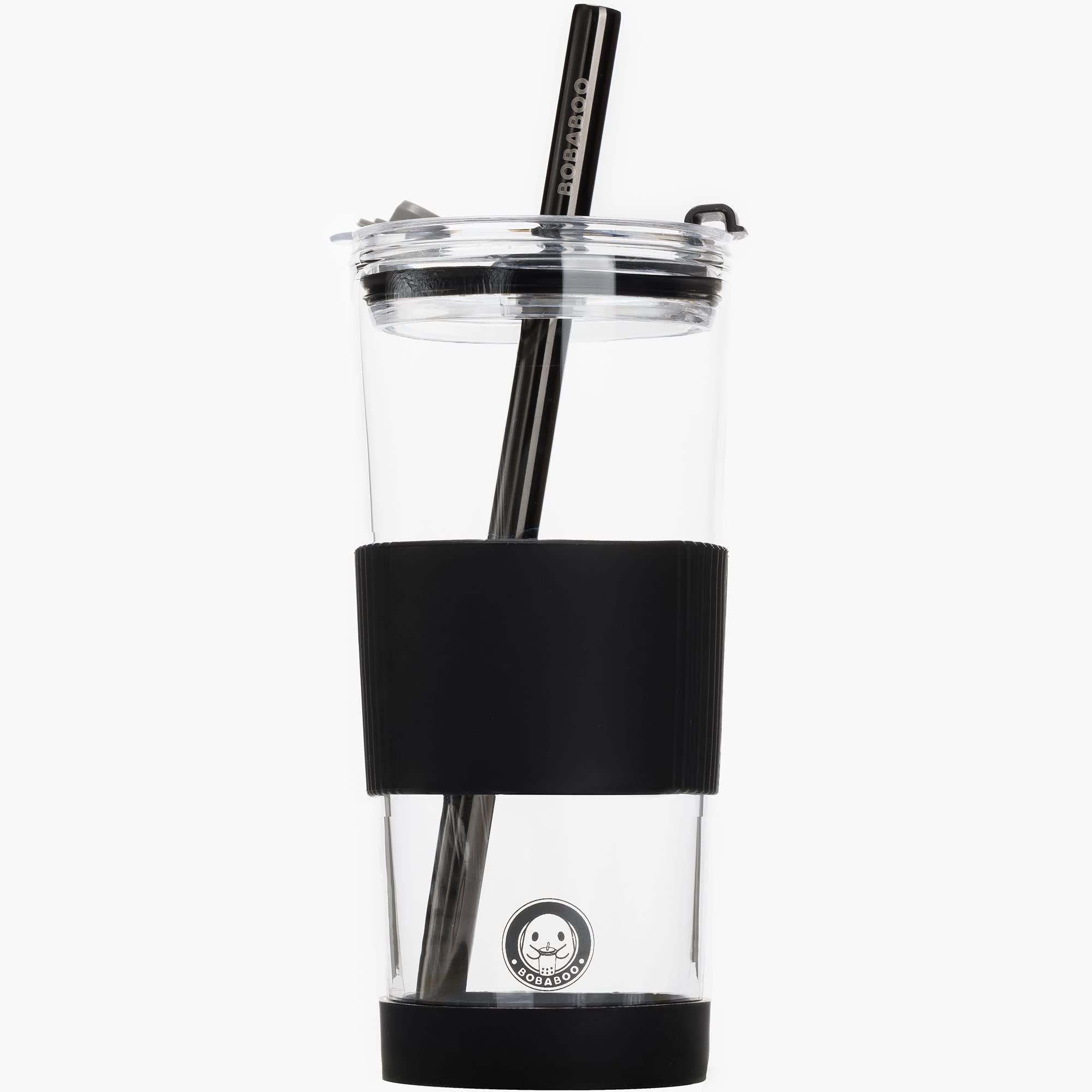 BOBABOO Reusable 24 oz Boba cup with straw set, straw cleaner, and gift box, borosilicate reusable bubble tea cup (Black)