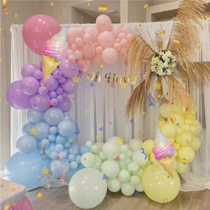 Ice Cream Party Decorations，Pastel Balloon Garland Arch Kit 145pcs Macaron Rainbow Balloon with long Balloon Ice Cream Foil Balloon for Baby Shower Birthday Ice Cream Themed Party Supplies