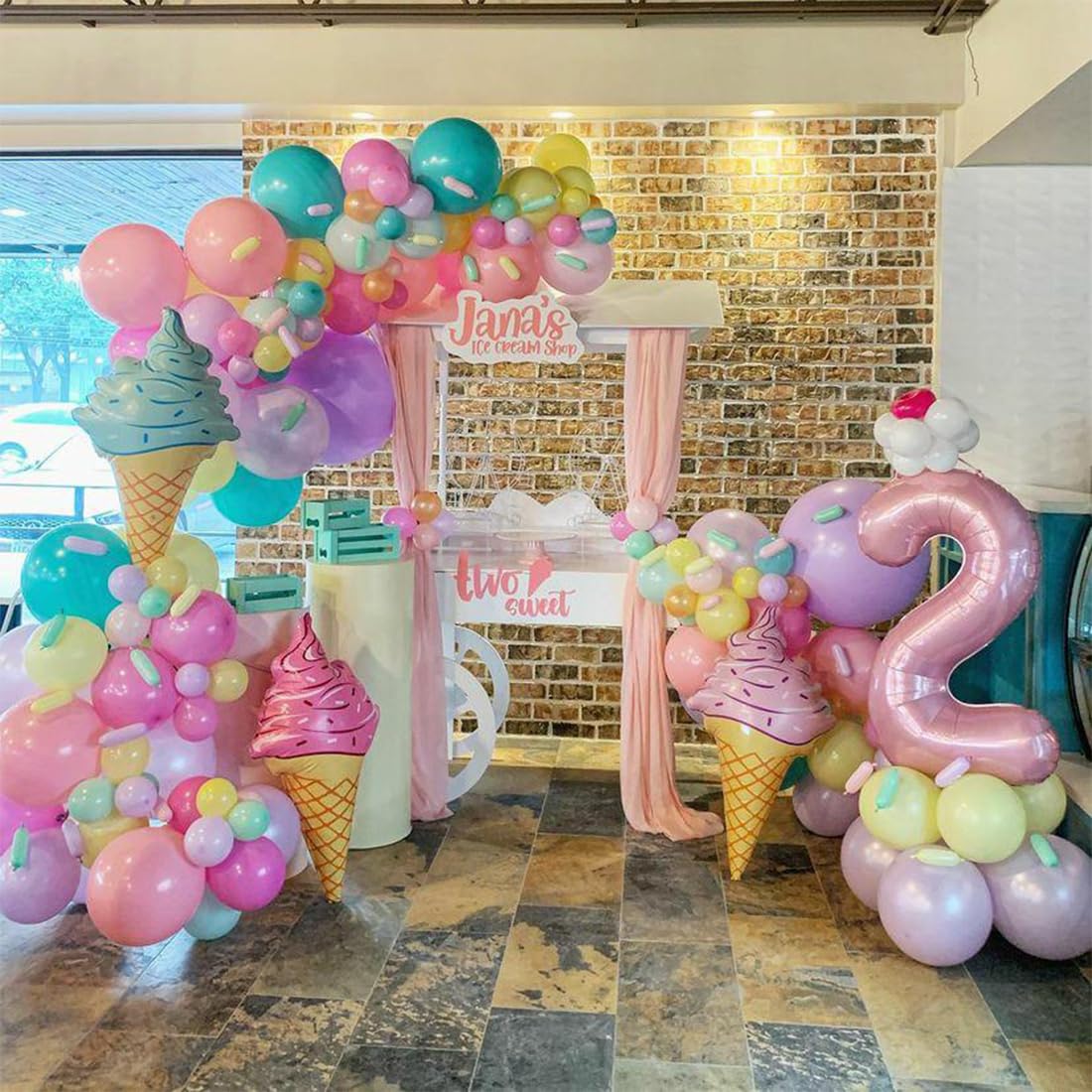 Ice Cream Party Decorations，Pastel Balloon Garland Arch Kit 145pcs Macaron Rainbow Balloon with long Balloon Ice Cream Foil Balloon for Baby Shower Birthday Ice Cream Themed Party Supplies