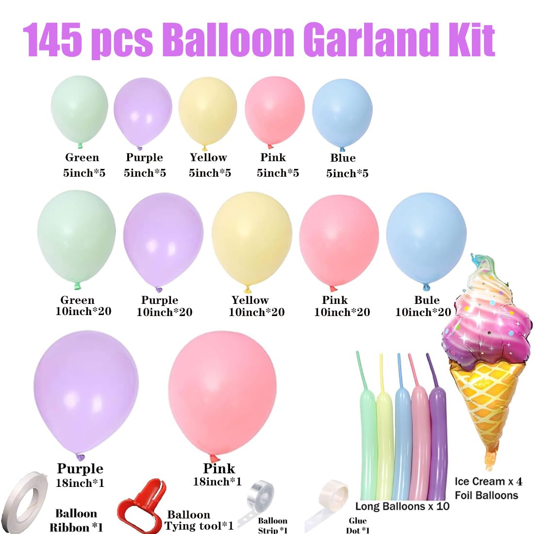 Ice Cream Party Decorations，Pastel Balloon Garland Arch Kit 145pcs Macaron Rainbow Balloon with long Balloon Ice Cream Foil Balloon for Baby Shower Birthday Ice Cream Themed Party Supplies