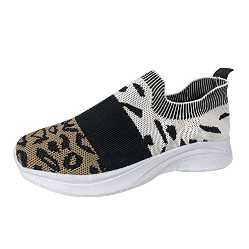 Ladies Fashion Leopard Print Mesh Breathable Platform Casual Breathable Sneakers Women Slip on (Brown, 6.5)