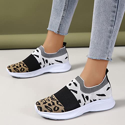 Ladies Fashion Leopard Print Mesh Breathable Platform Casual Breathable Sneakers Women Slip on (Brown, 6.5)