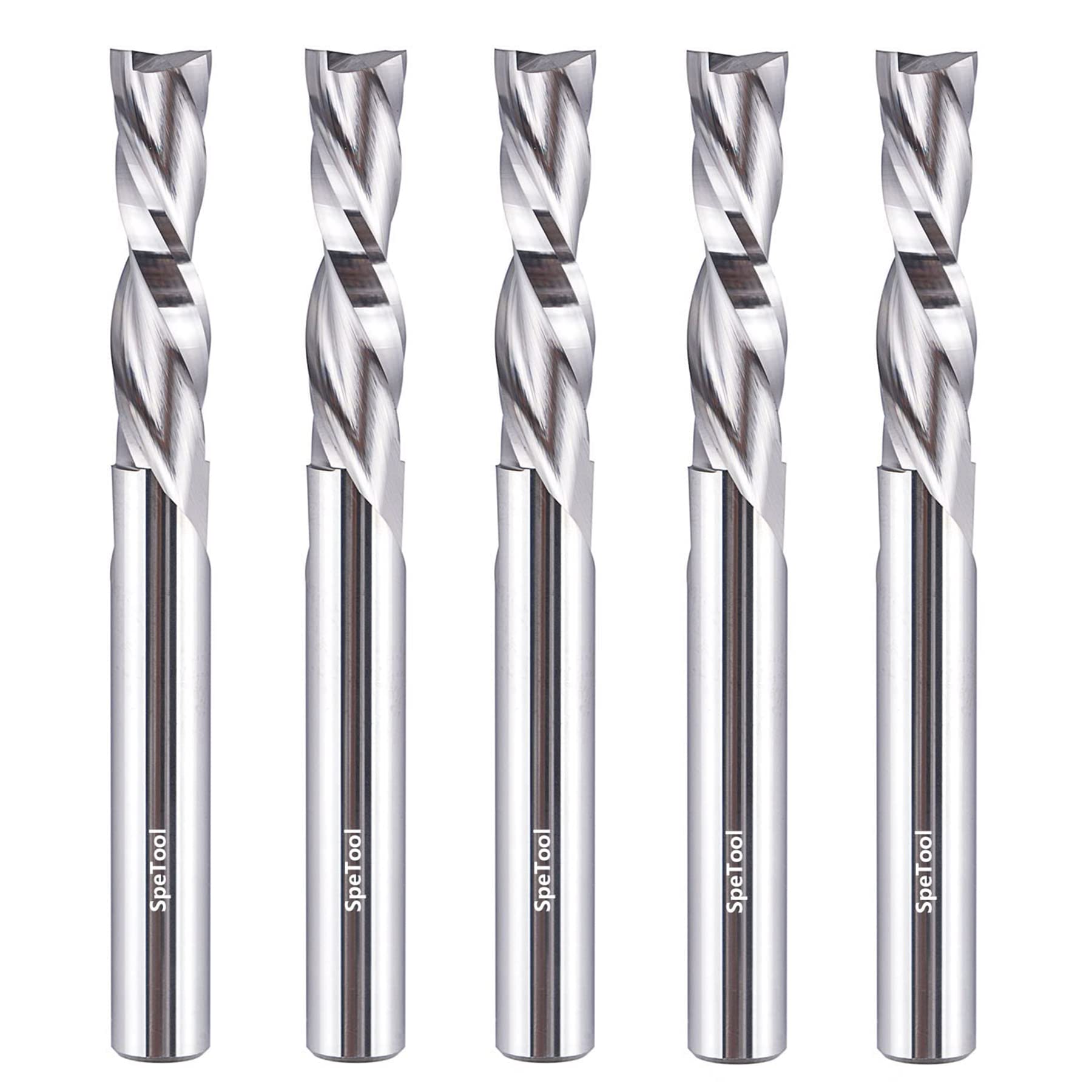 SpeTool 5PCS Spiral Downcut Router Bits 1/4" Shank 1" Cutting Length Solid Carbide CNC Router Bit Set End Mills for Plunge Router Wood Carving