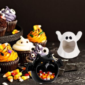 Whaline 2Pcs Halloween Candy Dish Holder Bat Ghost Ceramic Dish Halloween Candle Holder Cute Candy Bowl Holiday Tired Tray Decor for Trick or Treat Halloween Party Decoration Supplies Gift