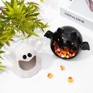 Whaline 2Pcs Halloween Candy Dish Holder Bat Ghost Ceramic Dish Halloween Candle Holder Cute Candy Bowl Holiday Tired Tray Decor for Trick or Treat Halloween Party Decoration Supplies Gift