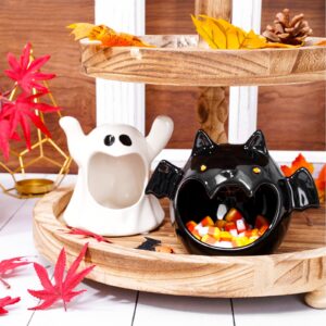 Whaline 2Pcs Halloween Candy Dish Holder Bat Ghost Ceramic Dish Halloween Candle Holder Cute Candy Bowl Holiday Tired Tray Decor for Trick or Treat Halloween Party Decoration Supplies Gift