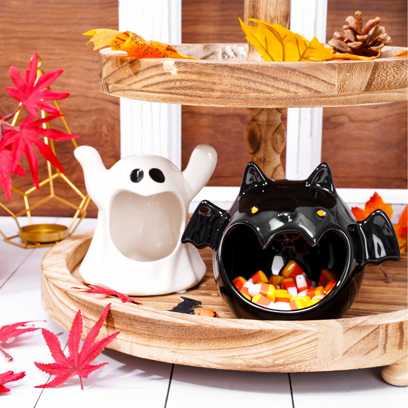 Whaline 2Pcs Halloween Candy Dish Holder Bat Ghost Ceramic Dish Halloween Candle Holder Cute Candy Bowl Holiday Tired Tray Decor for Trick or Treat Halloween Party Decoration Supplies Gift