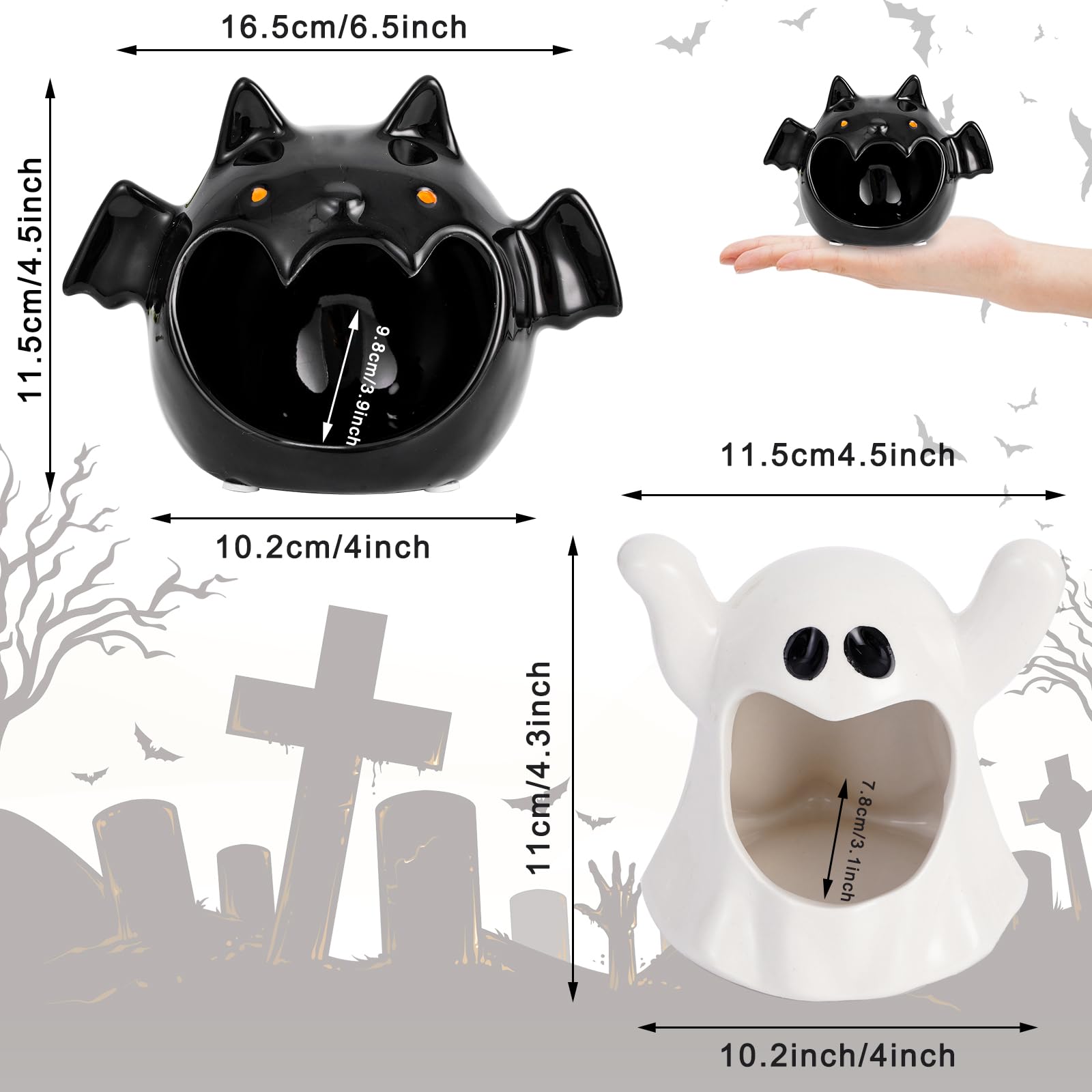 Whaline 2Pcs Halloween Candy Dish Holder Bat Ghost Ceramic Dish Halloween Candle Holder Cute Candy Bowl Holiday Tired Tray Decor for Trick or Treat Halloween Party Decoration Supplies Gift