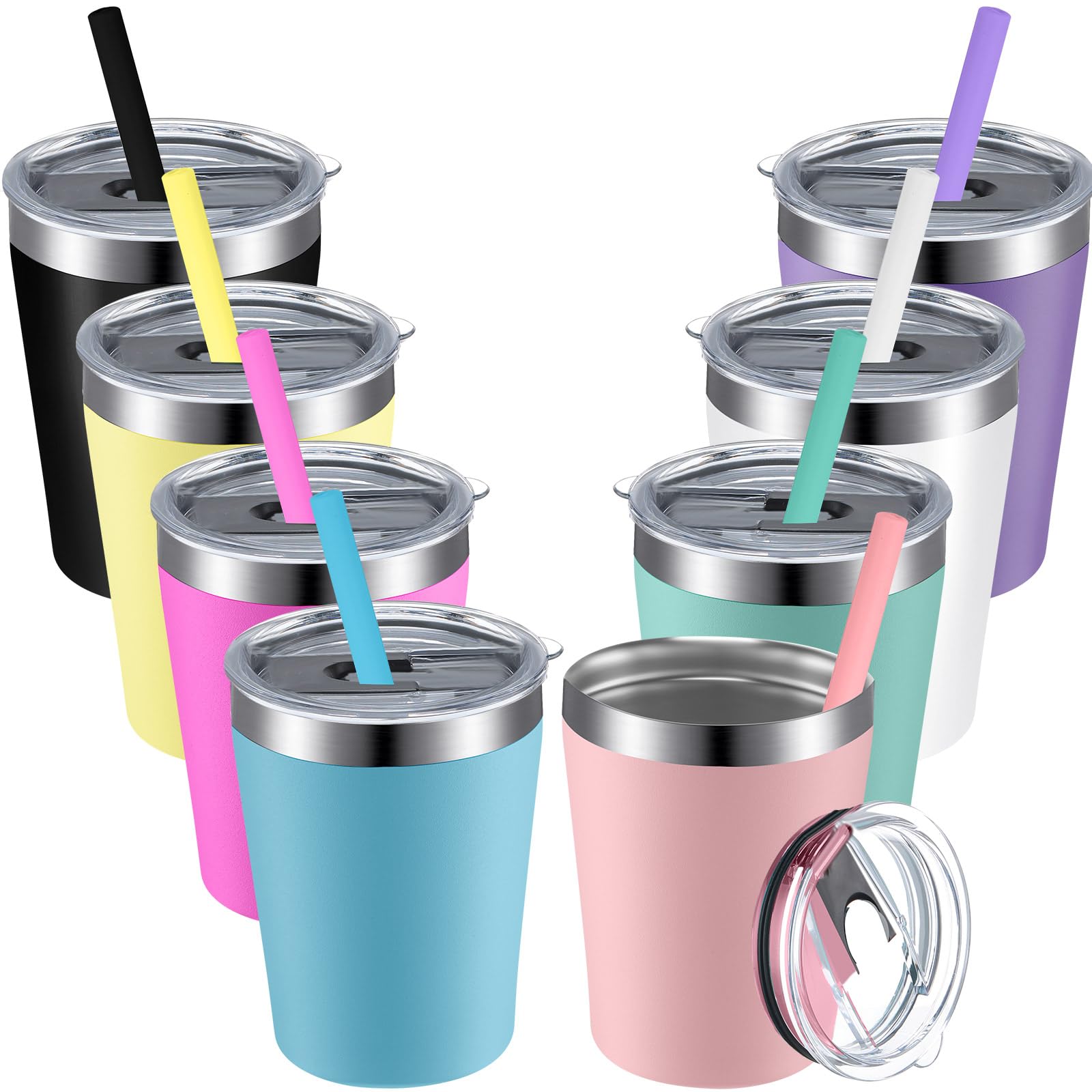 8 Pack Kids Cups with Straw and Lid Stainless Steel Insulated Tumbler with Spill Proof Lid Metal Straw Cups with Silicone Sleeve for Toddlers Children Cold Hot Drinking Glasses Cup, 8 Colors (12 Oz)