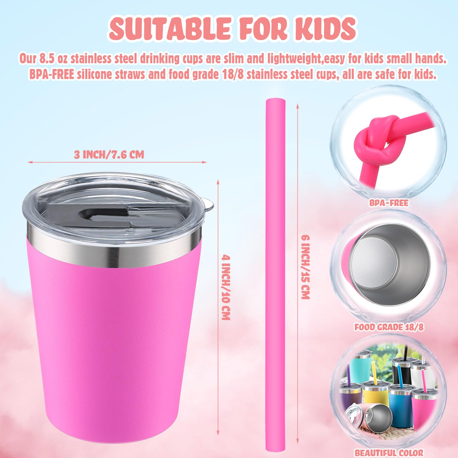 8 Pack Kids Cups with Straw and Lid Stainless Steel Insulated Tumbler with Spill Proof Lid Metal Straw Cups with Silicone Sleeve for Toddlers Children Cold Hot Drinking Glasses Cup, 8 Colors (12 Oz)