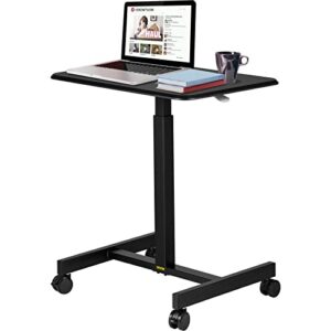 vevor mobile laptop desk, 30" to 43.3", height adjustable rolling cart w/gas spring riser, swivel casters and hook home office computer table for standing or sitting, black