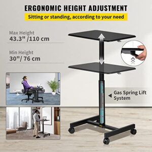 VEVOR Mobile Laptop Desk, 30" to 43.3", Height Adjustable Rolling Cart w/Gas Spring Riser, Swivel Casters and Hook Home Office Computer Table for Standing or Sitting, Black