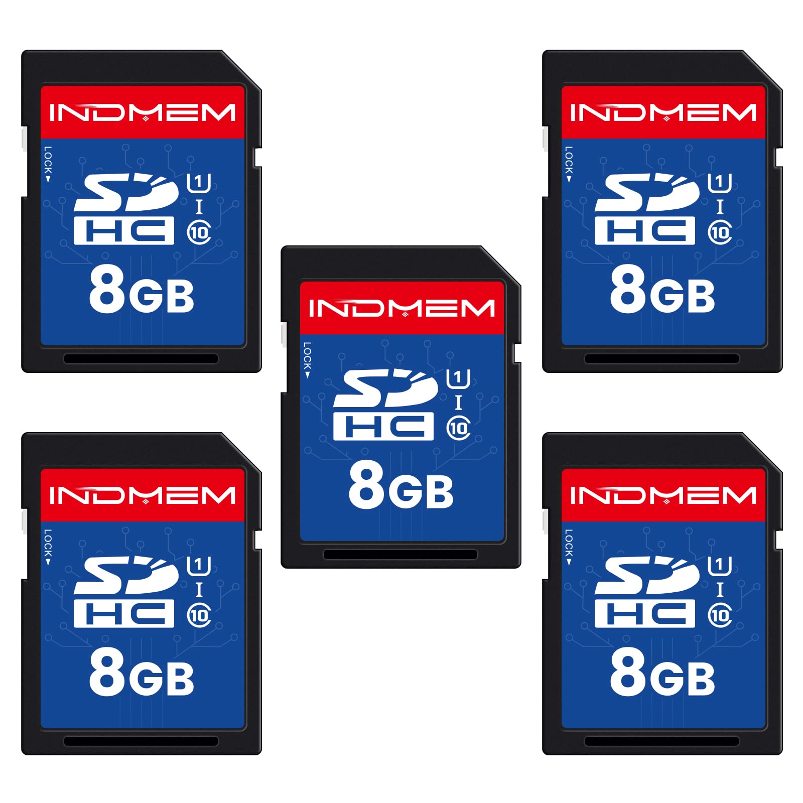 INDMEM SD Card 8GB 5 Pack UHS-I U1 Class 10 8G SDHC Flash Memory Card Compatible with Digital Camera, Computer, Trail Cameras