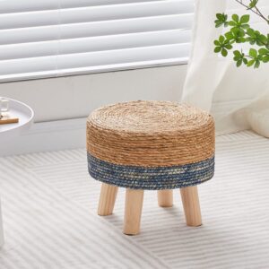 Cpintltr Foot Stool Natural Seagrass Hand Weave Poufs Round Ottoman for Couch Desk Soft Step Stool Padded Foot Rest with Non-Skid Pine Legs for Hallway Office Lounge Natural/Blue