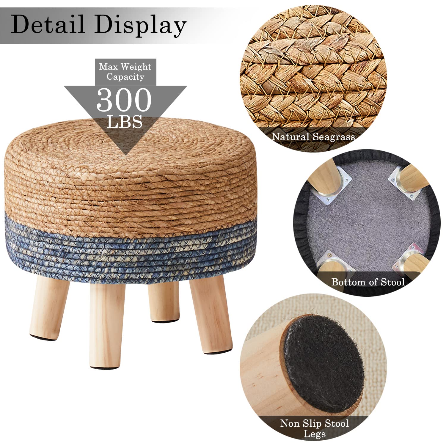 Cpintltr Foot Stool Natural Seagrass Hand Weave Poufs Round Ottoman for Couch Desk Soft Step Stool Padded Foot Rest with Non-Skid Pine Legs for Hallway Office Lounge Natural/Blue