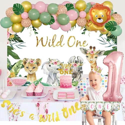 Fiesec Wild One Birthday Decorations Girl, Jungle Safari Animal Theme 1st Party Decorations Backdrop Balloons Leaves Monthly Photo Highchair Banner Box Cutout Cake Topper Crown Poster Pink 127 PCs