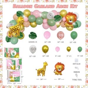 Fiesec Wild One Birthday Decorations Girl, Jungle Safari Animal Theme 1st Party Decorations Backdrop Balloons Leaves Monthly Photo Highchair Banner Box Cutout Cake Topper Crown Poster Pink 127 PCs