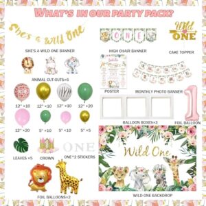 Fiesec Wild One Birthday Decorations Girl, Jungle Safari Animal Theme 1st Party Decorations Backdrop Balloons Leaves Monthly Photo Highchair Banner Box Cutout Cake Topper Crown Poster Pink 127 PCs