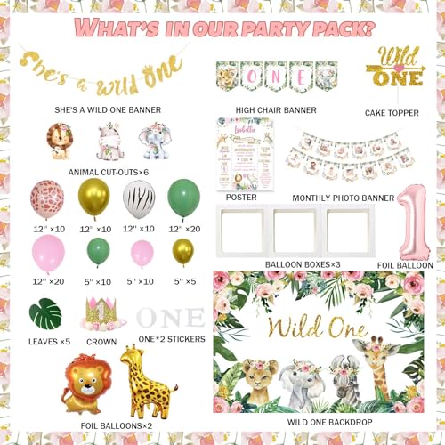 Fiesec Wild One Birthday Decorations Girl, Jungle Safari Animal Theme 1st Party Decorations Backdrop Balloons Leaves Monthly Photo Highchair Banner Box Cutout Cake Topper Crown Poster Pink 127 PCs