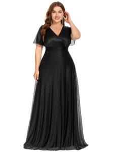 ever-pretty plus women's plus size v-neck wrap short flutter sleeves long dress for woman black us24