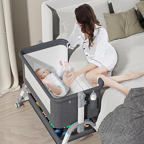 Baby Bassinets Bedside Sleeper, Baby Crib with Wheels, Baby Bed with Mosquito Nets, Adjustable Height Portable Bassinet for Baby with Large Storage Bag, Bassinet for Infant/Baby/Newborn