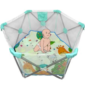 httmt- hexagon safety playpen portable foldable mesh playard infants baby toodler animals fence w/travel bag nursery furniture for indoor outdoor - tif blue