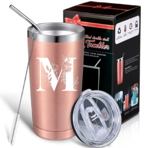 thenshop personalized initial mug tumbler 20oz, monogrammed travel mug with gift box for wedding birthday graduation party, birthday christmas gifts for women mom sisters teacher coworker (m)