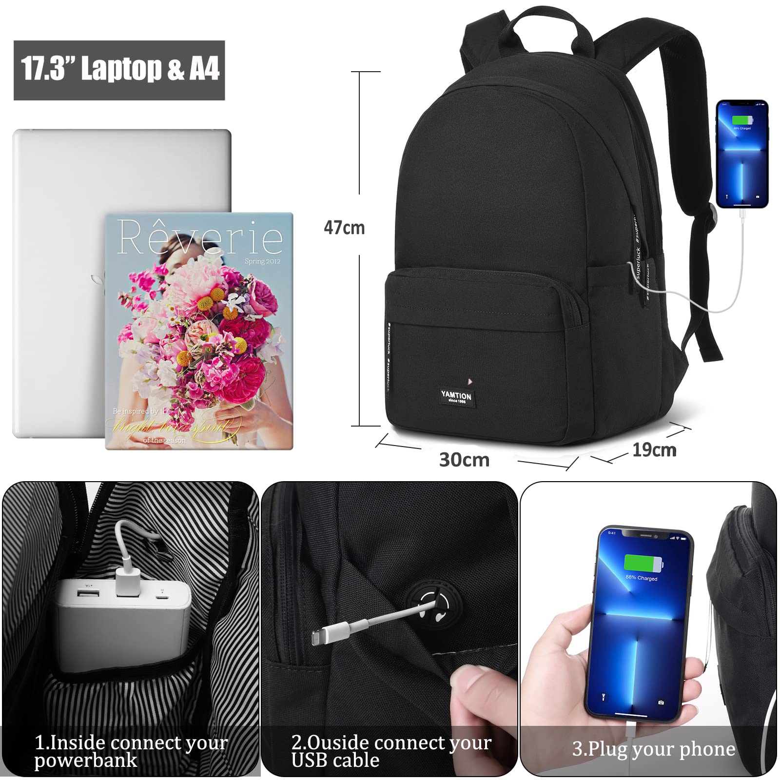 YAMTION Laptop Backpack for Men and Women,17.3 inch School College Backpack Bookbag for Teens Boys & Girls for Business College Travel High School University Business Work Travel