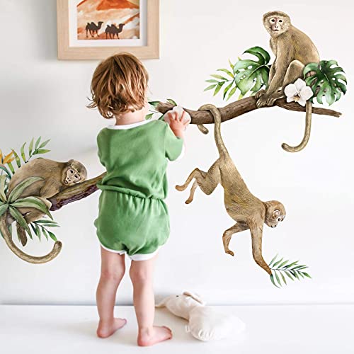 Mfault Monkey Climbing Tree Wall Decals Stickers, Jungle Animals Nursery Decorations Baby Boys Girls Bedroom Art, Kids Toddlers Room Playroom Classroom Daycare Decor