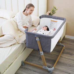 pamo babe baby bassinet bedside sleeper for newborn bed crib with breathable mesh sides co-sleeping bedside crib for infant breastfeeding with height-adjustable and wheels, z-type stable frame