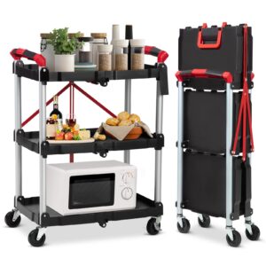 towallmark portable folding service cart, 3 tier folding utility cart, collapsible utility carts for office, warehouse, and home, 56 lbs load capacity per shelf (black & red)